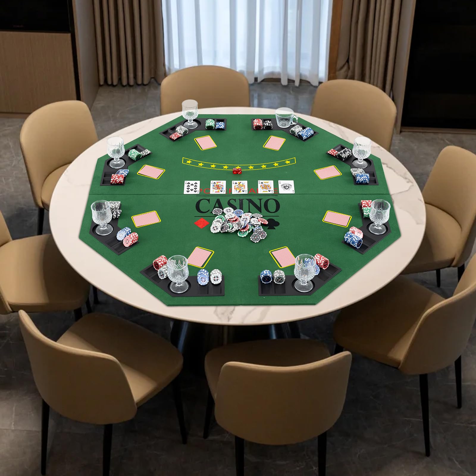 Giantex 48" Poker Table Top, 8 Player Foldable Texas Holdem Poker Mat Layout w/Carrying Bag, Cup Holders, Chip Trays, Portable Anti-Slip Blackjack Octagonal Poker Table Topper for Card Casino Game