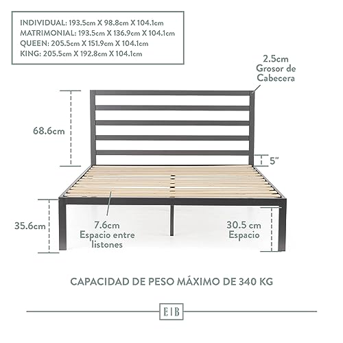 Edenbrook Cassidy Metal Platform Bed Frame with Metal Headboard - Box Spring Not Required - Wood Slat Support, Grey, Queen
