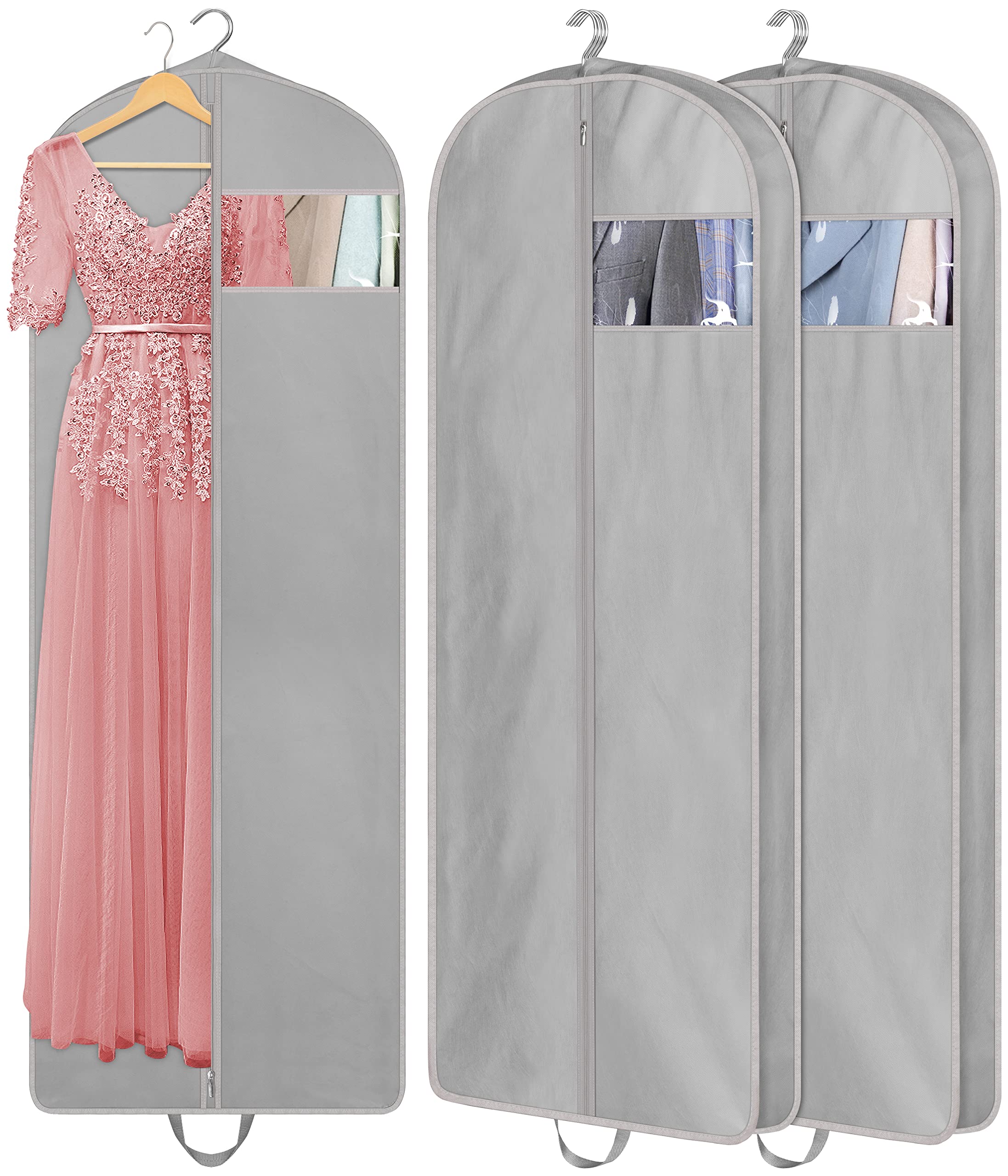 KIMBORA 60" Dress Garment Bags for Storage and Travel, Gusseted Hanging Clothes Bags for Closet Storage with Handles for Long Gowns, Coats(3 Packs,Gray)