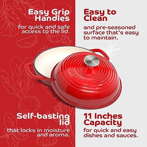Enameled Cast Iron Bread Pan with Lid, 11” Red Bread Oven Cast Iron Sourdough Baking Pan, Dutch Oven for Bread, No Seasoning Needed -Segretto Cookware