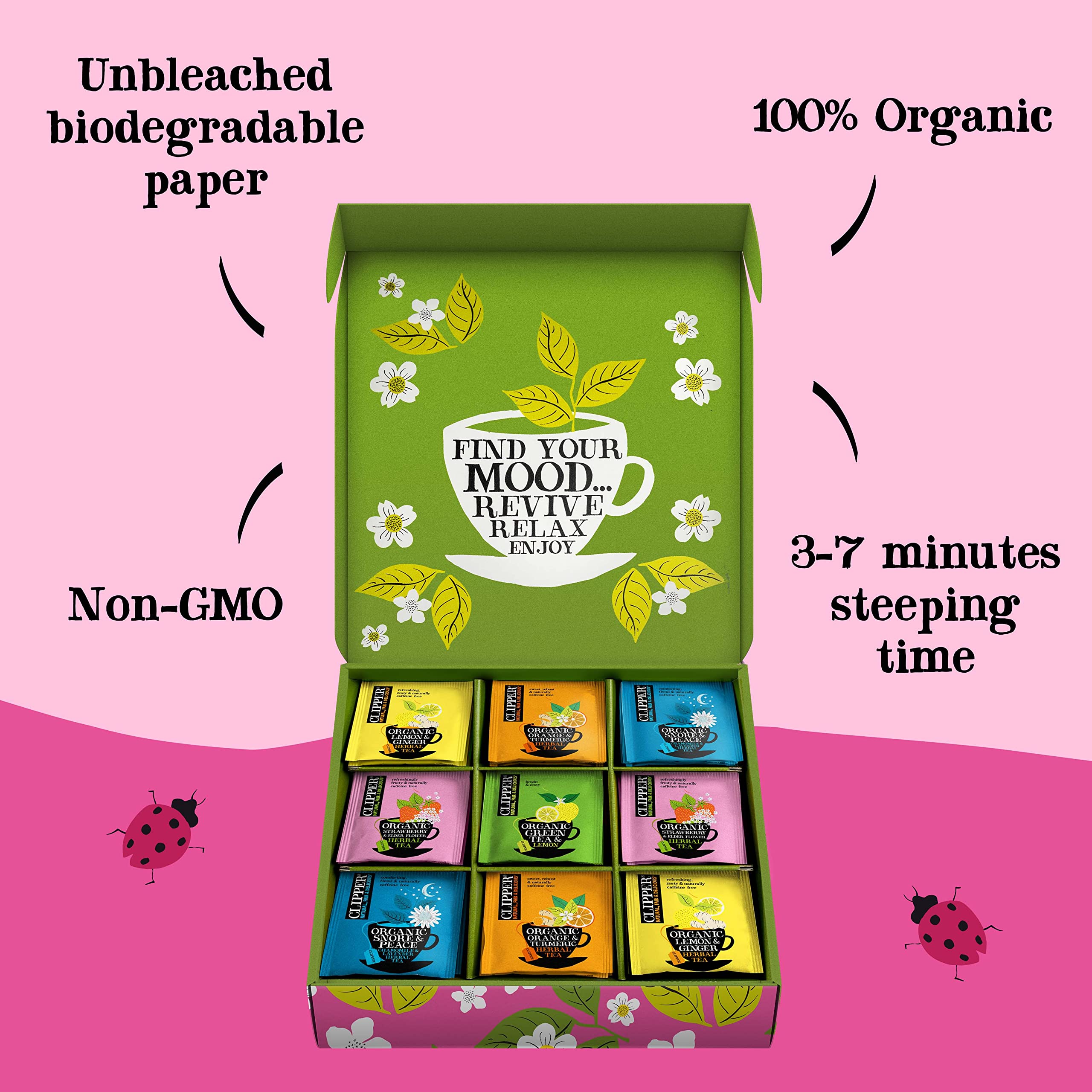 Clipper Tea Organic Herbal & Green Tea Selection/Sampler, Gift Box - Eco Friendly, Self Care, Fair Trade. Assorted Individually Wrapped Tea Bags, 1 box, 45 Unbleached Tea Bags, Gifting