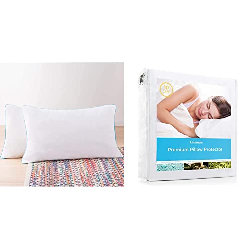 Linenspa Shredded Memory Foam 2 Pack Pillow, Standard, White 2 Count & Premium Smooth Waterproof Pillow Protector-Vinyl Free Waterproof Pillow Cover, Standard, White