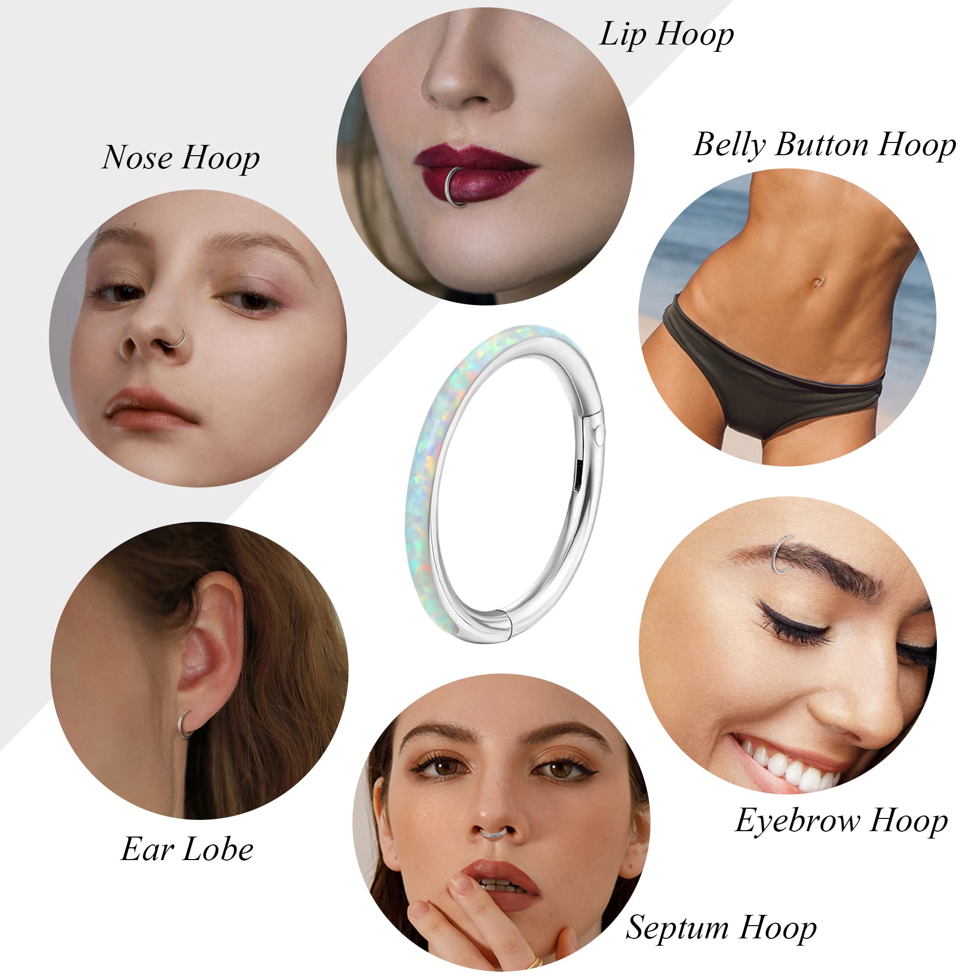 CASSIECA 18G 16G Titanium Nose Ring Hoops for Women CZ Opal Clicker Hinged Segment Septum Lip Nose Rings Helix Cartilage Conch Daith Rook Piercing Jewelry 8mm 10mm