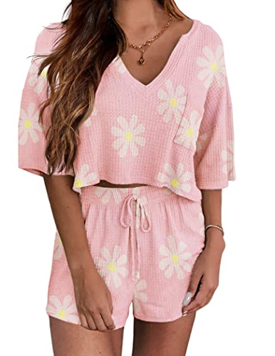 Ekouaer Women Lounge Set Waffle Short Sleeve Pajamas Set Two Pieces Loungewear Cute Nightwear Pink S