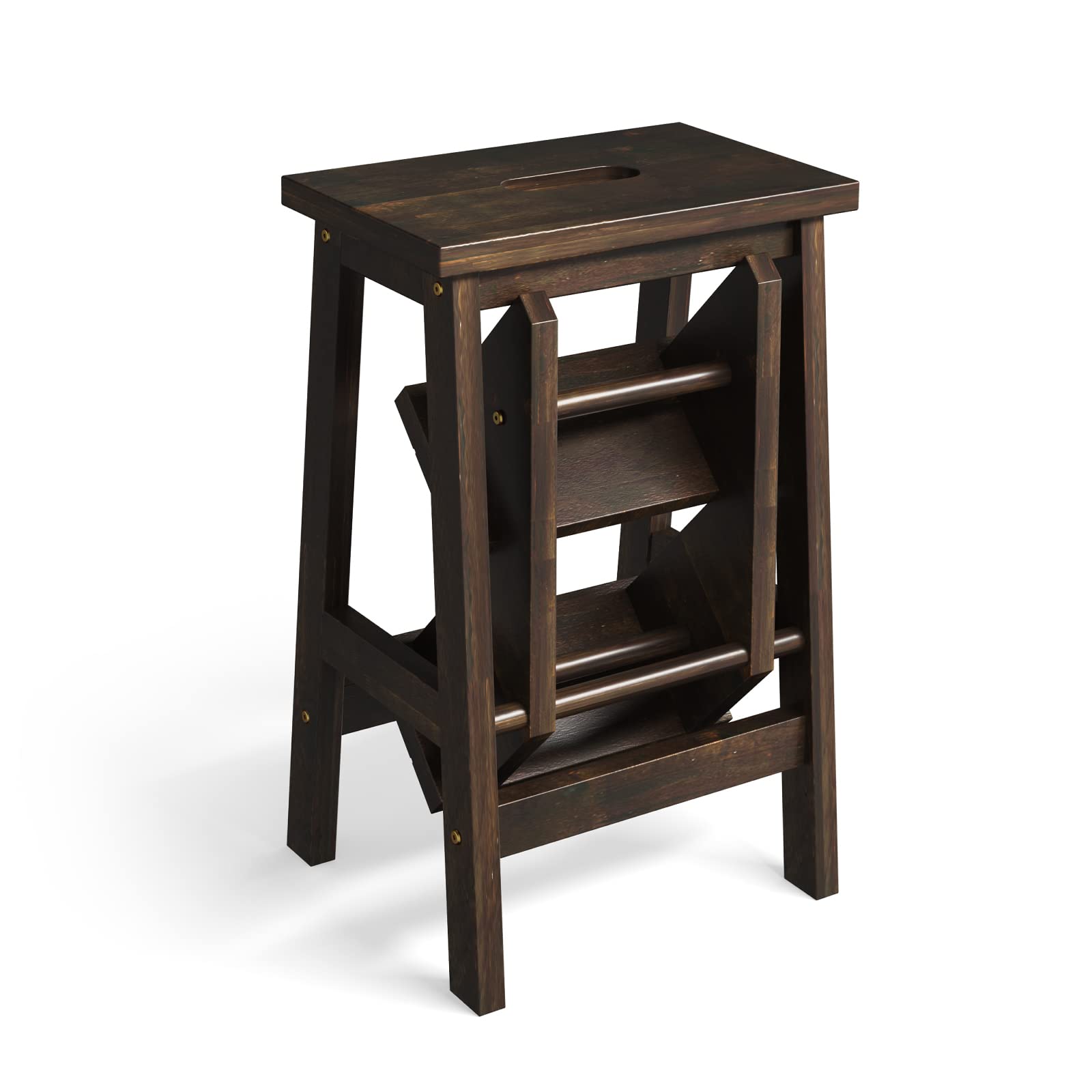 Giantex Folding 3 Tier Step Ladder, Multifunction 3-in-1 Wood Step Stool with Anti-Slip, Convenient Handle, Display Ladder and Storage Shelf for Library, Home Kitchen, Household Work, Garage (Brown)