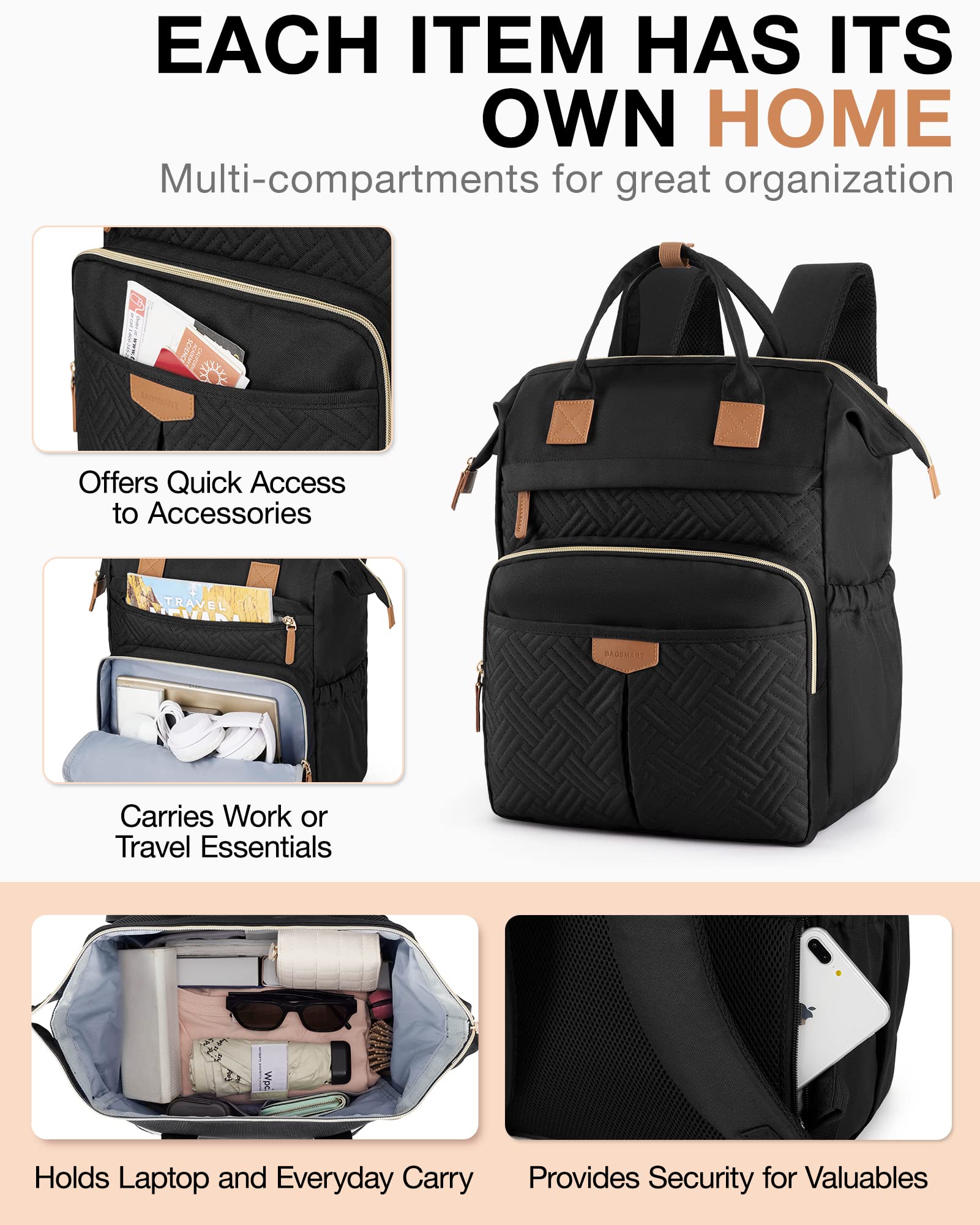 BAGSMART Backpack for Women, Laptop Backpack Fits 15.6 Inch Computer, Teacher Backpack, Bookbags with Charging Port Hole for College Work Business, Black