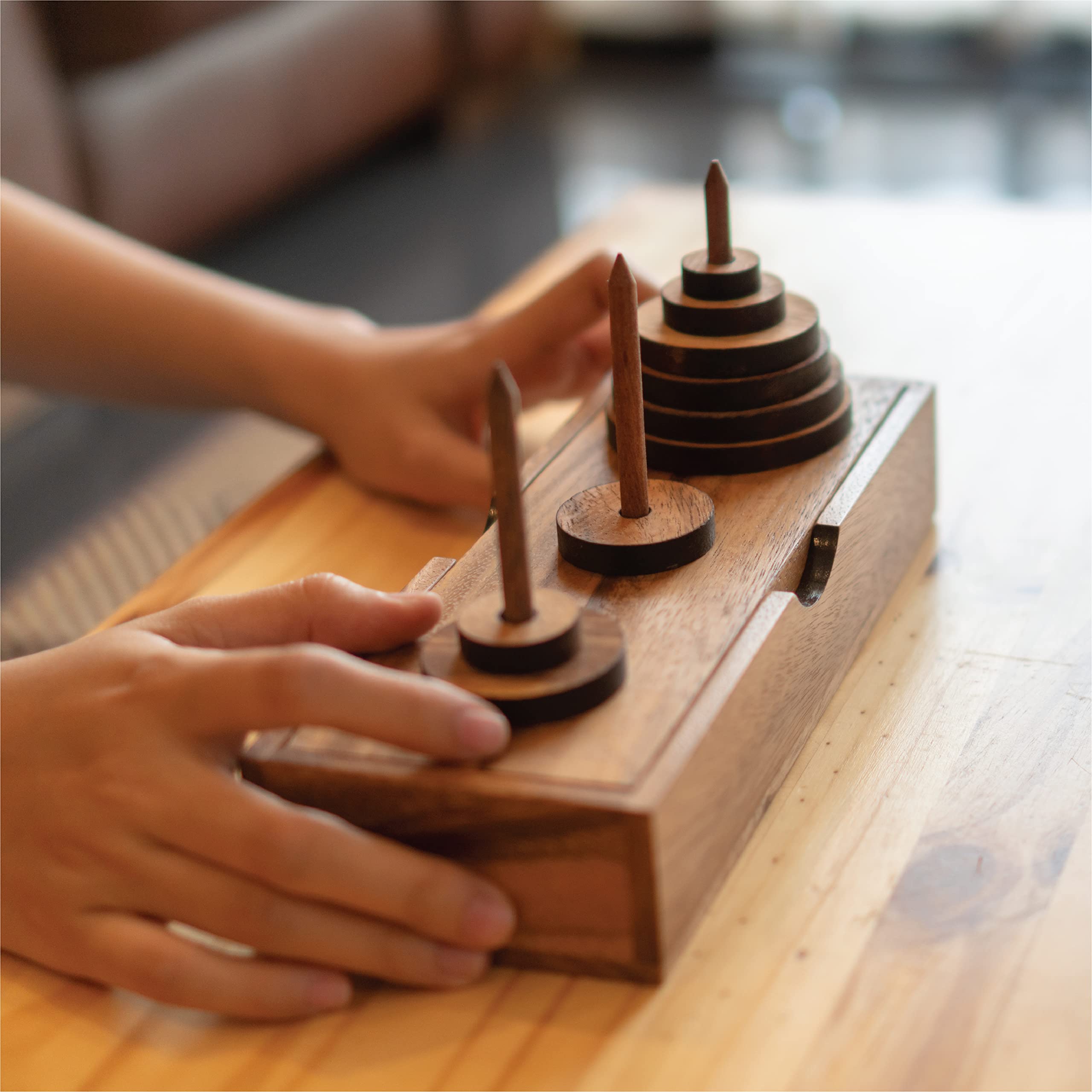 BSIRI Fun Puzzle Board Games Gifts of Hanoi Tower (9 Rings) with Wooden Designs for Brain Teasers Logic Games Kids and Adults to Challenges Mastermind Game and Think for Fun Learning Tower Puzzles