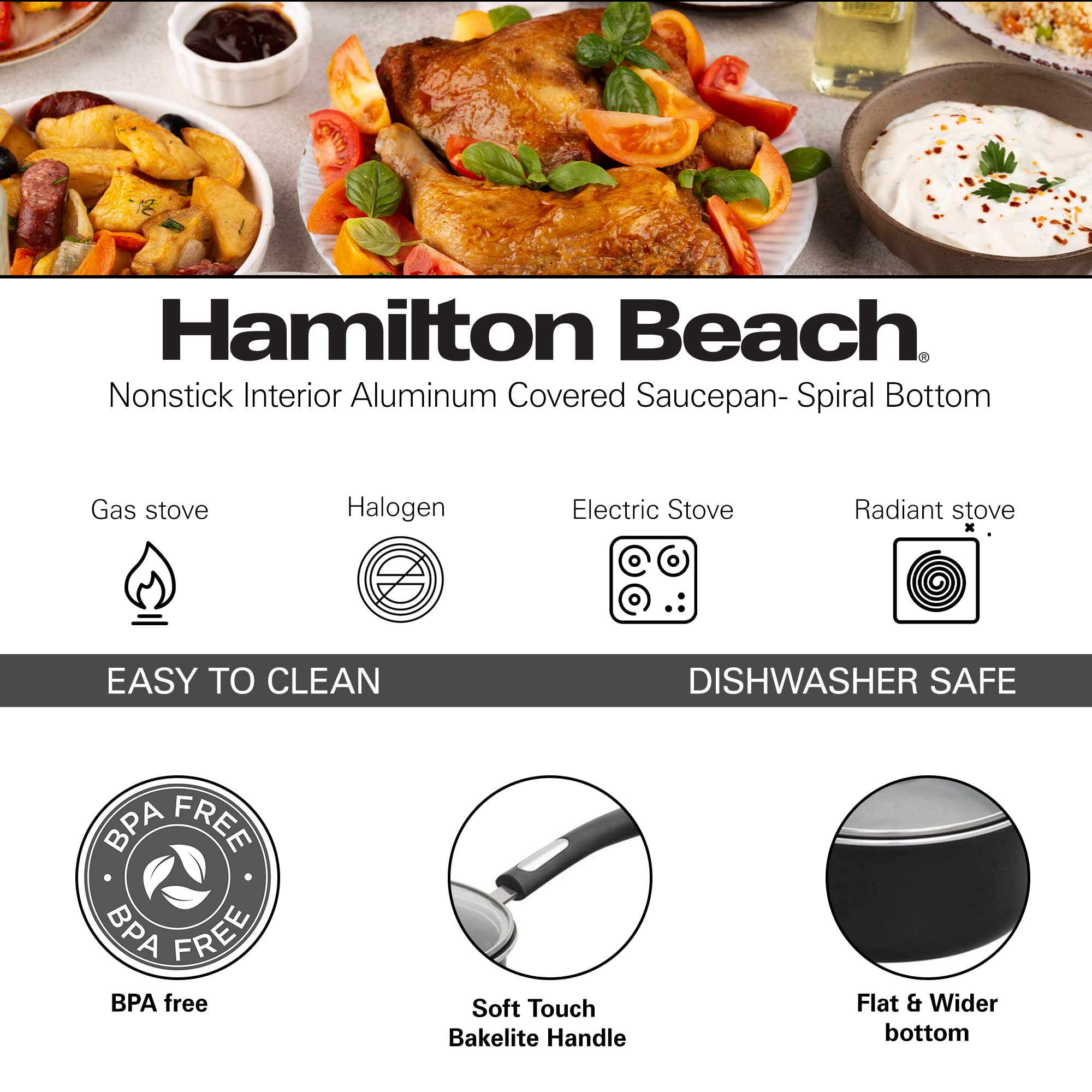 Hamilton Beach Nonstick Covered Sauce Pan 3-Qt - Black Aluminum Saucepan with Soft Touch Bakelite Handle & Glass Lid - Flared Edge - Spiral Bottom, Multipurpose Use - Durable & Dishwasher Safe
