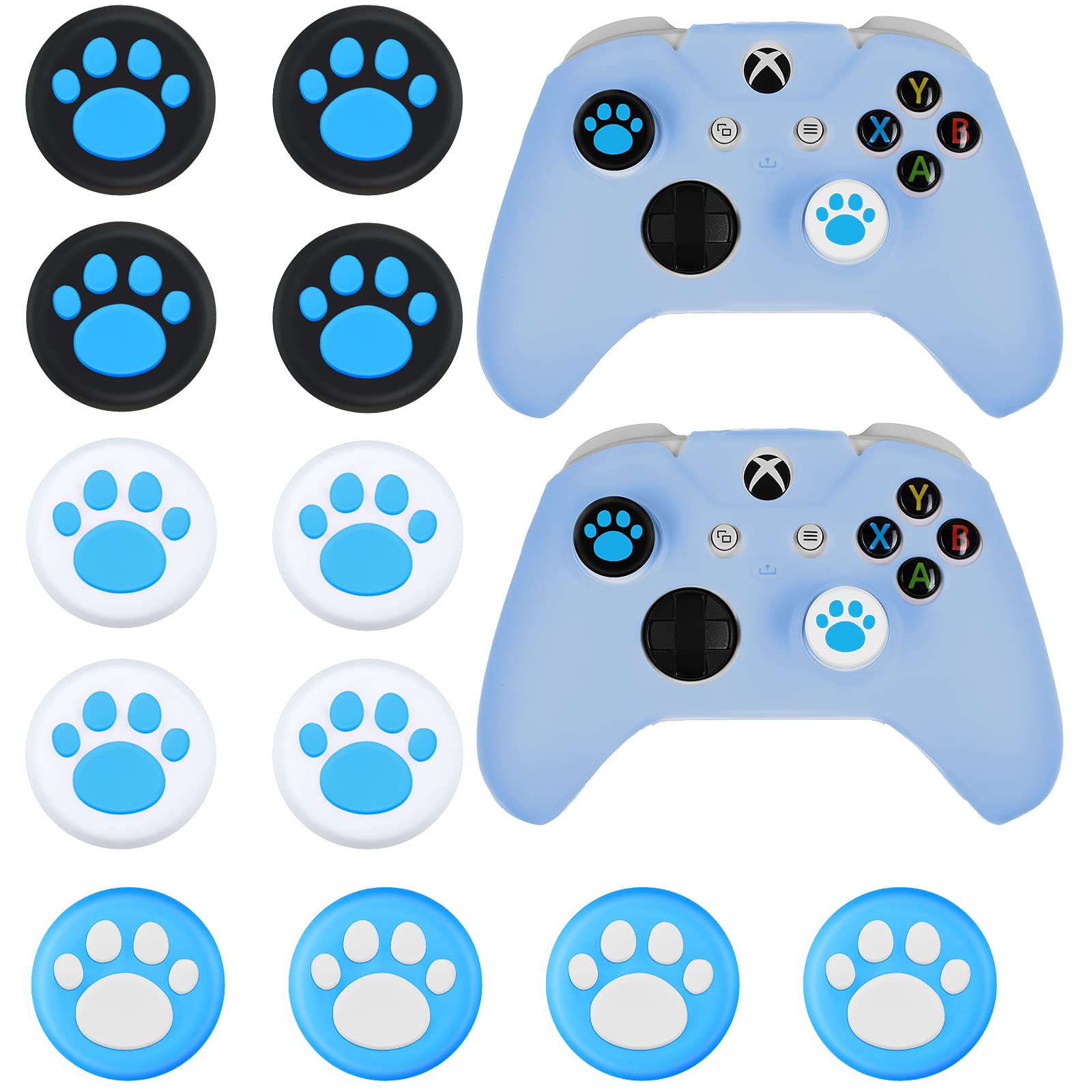 Chalyna 14 Pcs Controller Skins Anti-Slip Accessories Set Silicone Cover Protector Case Compatible with Xbox One/S/X Controller Wireless/Wired Gamepad Joystick with 12 Cat Paw Thumb Grips (Blue)