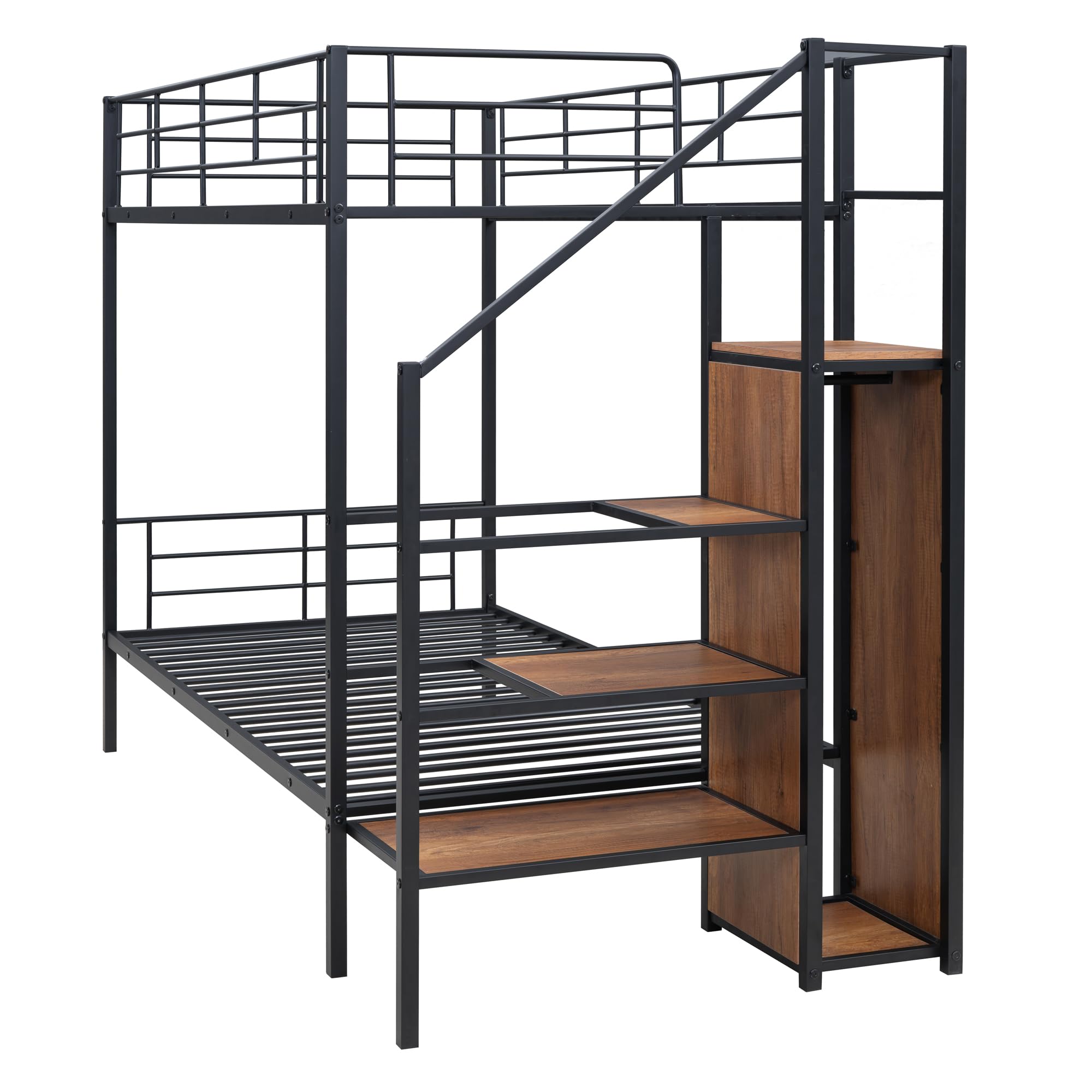 URTR Metal Twin Over Twin Size Bunk Beds, Heavy-Duty Twin Bunk Bed with Stairs and Wardrobe for Boys Girls Teens Bedroom Dormitory, Black