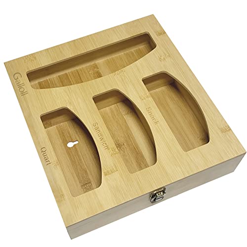 LUDING Ziplock Bag Storage Organizer,Bamboo Ziplock Bag Organizer for Drawer,Compatible with Gallon, Quart, Sandwich and Snack Plastic Bag Organizer Variety Size Bag(1 Box 4 Slots And a lock)