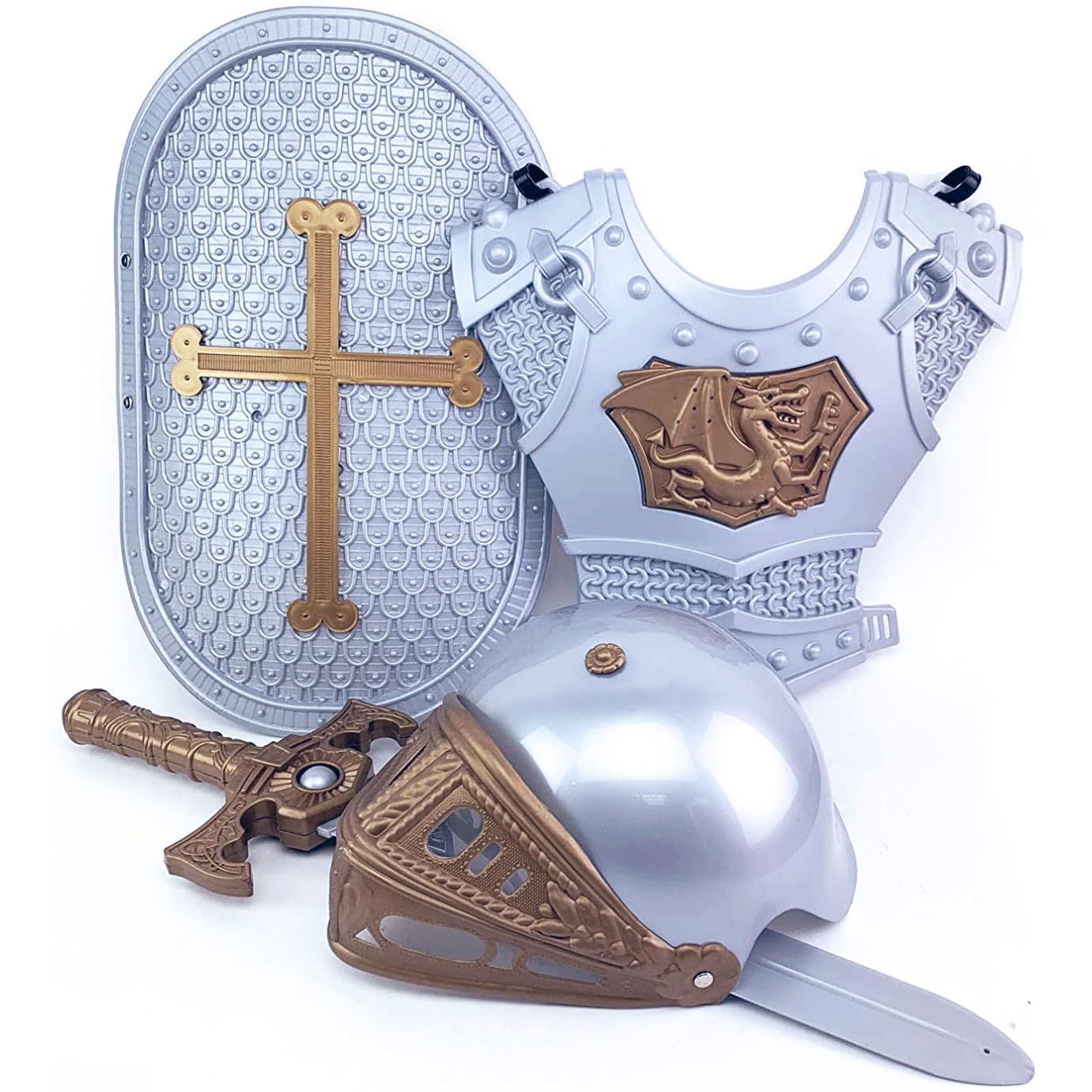 Medieval Knight in Shining Armor, Kids Crusader Pretend Role Play Plastic Costume Dress Up Cosplay with Toy Swords, Axe, Shield, Weapons & Accessories Playset