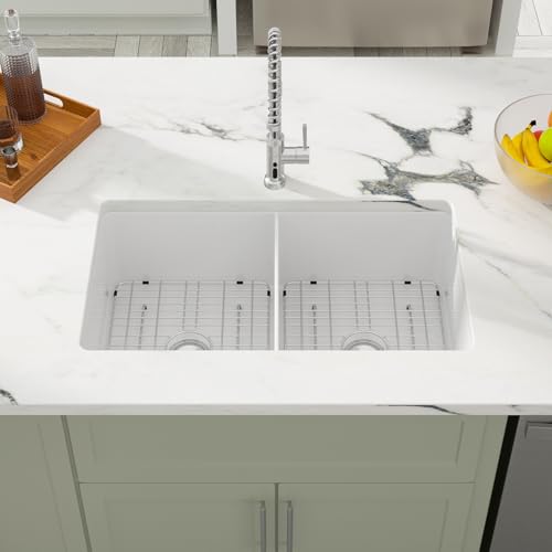 Dcolora 32 Inch White Fireclay Kitchen Sink Porcelain Double Bowl 50/50 Split Undermount Sinks Dual Mount Ceramic Sink Under Counter DC-U7737