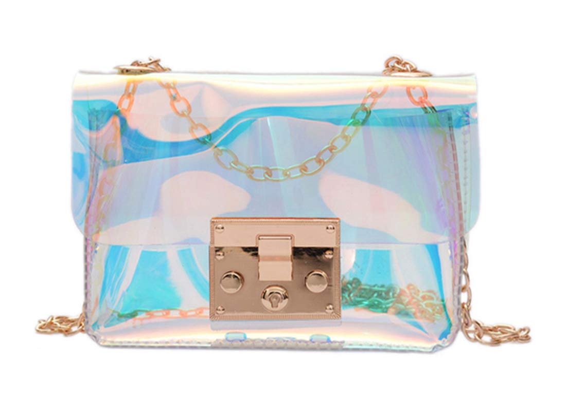 Holographic Clear Purse Crossover Shoulder Messenger Bag Laser Sling Purse with Golden Chain, Transparent