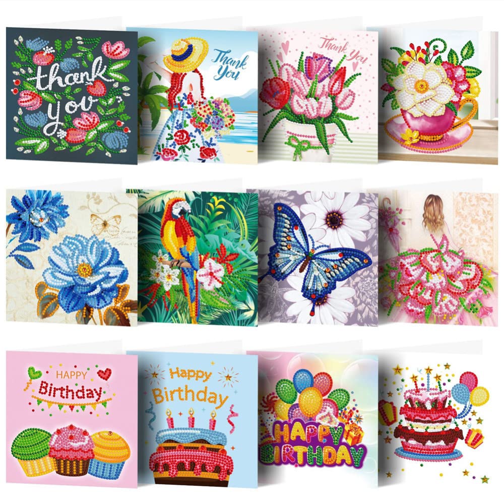 Gigicloud 12pcs 5D Rhinestone Painting Greeting Cards Kits, Handmade Festival Greeting Cards DIY Diamond Drawing Birthday Cards for Adults and Kids