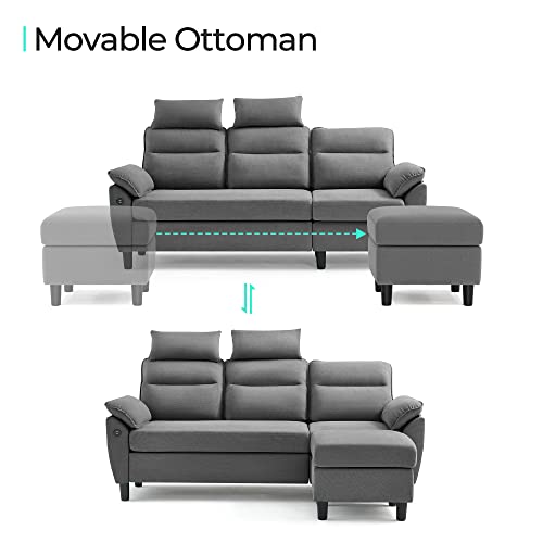 LINSY HOME Convertible Sectional Couch, 3 Seat L Shaped Sofa with 2 USB Ports and Storage Bags, Small Sectional Sofa Set for Living Room, Apartment, Dark Gray