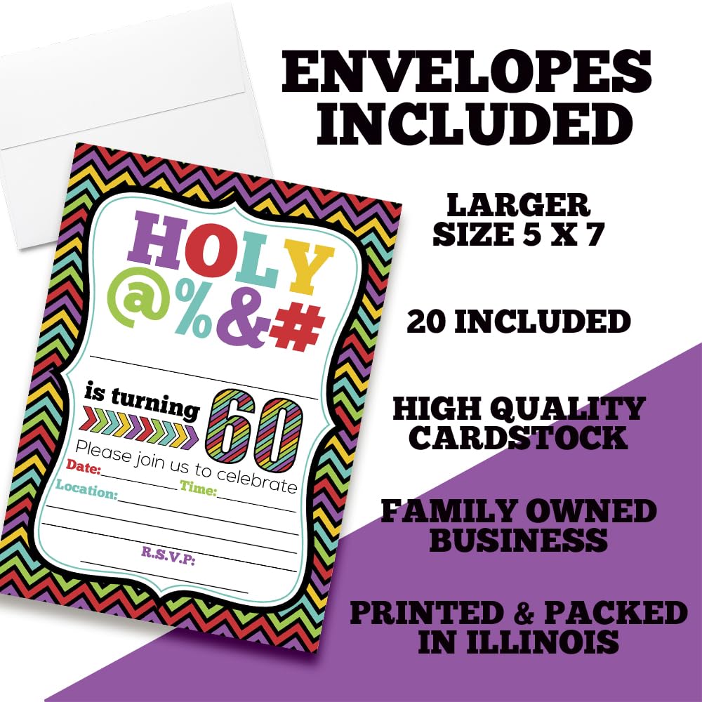 HOLY @% 60th Birthday Party Invitations, 20 Funny 5x7 Fill In Cards with Twenty White Envelopes for Milestone Birthdays by AmandaCreation