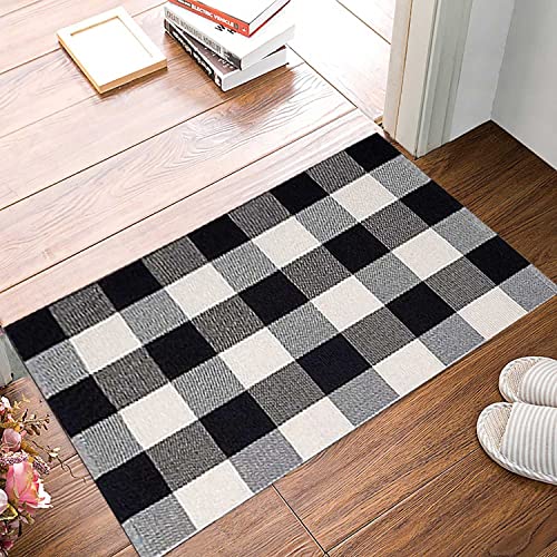 HOYIJA Buffalo Plaid Rug 2'×3'Outdoor/Indoor Black and White Checkered Samll Area Rug,Retro Cotton Woven Check Washble Entryway Front Porch Decor Rugs for Layered Welcome Front Door Mats