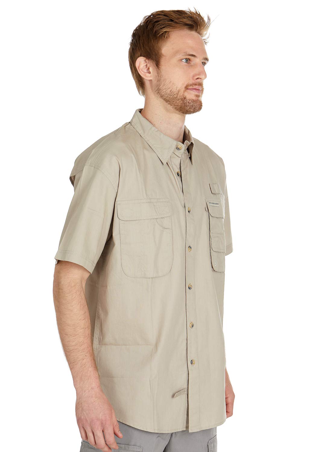 Baits Fishing Company | Men's Performance Fishing Shirt | Short Sleeve | Button Down | Vented | 100% Cotton (Sand, Large)