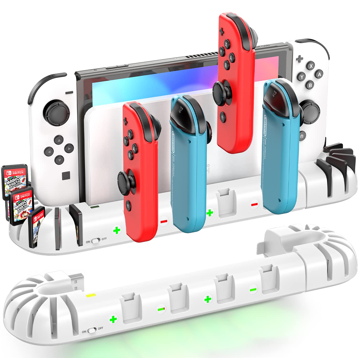 Charging Dock Compatible with Nintendo Switch Controllers, Joy-Controller Charger Station with 8 Game Storage Powered by Original & OLED Model, Switch Charger Stand for 6 Joy-Controller Charge (White)