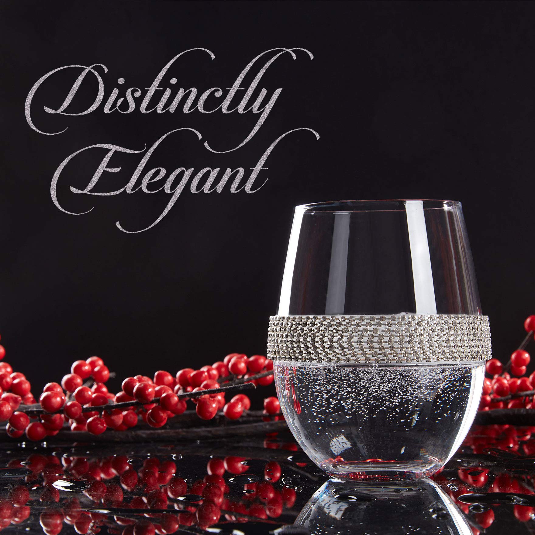 Cheer Collection Berkware Set of 6 Luxurious Stemless Wine Glasses with Sparkling Diamond Studded Design (Silver)