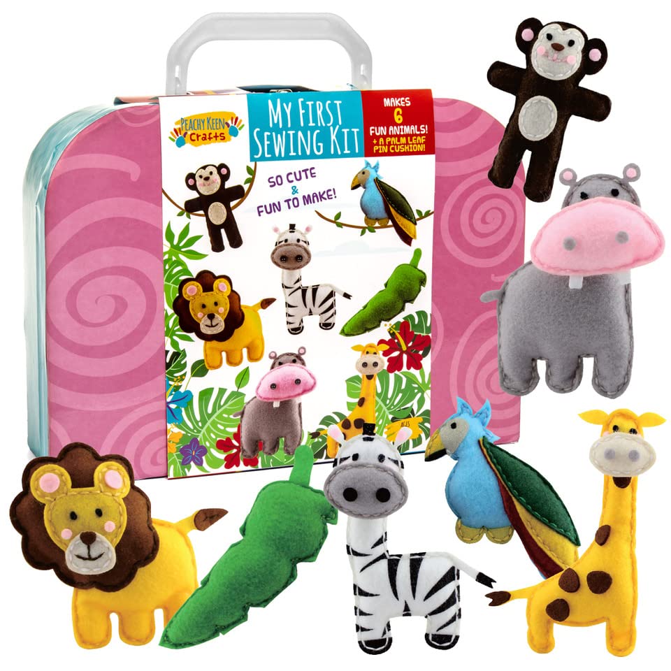 Peachy Keen Crafts Kids Sewing Kit, Learn to Sew Kit for Kids Ages 8-12, Beginner Felt Sewing Kit for Kids, Make 6 Fun Felt Craft Stuffed Animals and A Pin Cushion, Teach Basic Sewing Stitches