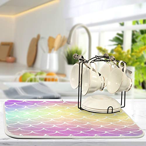 Sea Mermaid Scales Dish Drying Mat 24"x18" Absorbent Machine Washable Hanging Fast Dry Pad Dish Protective Mat for Kitchen Countertop Heat Resistant Dinner Table Mat