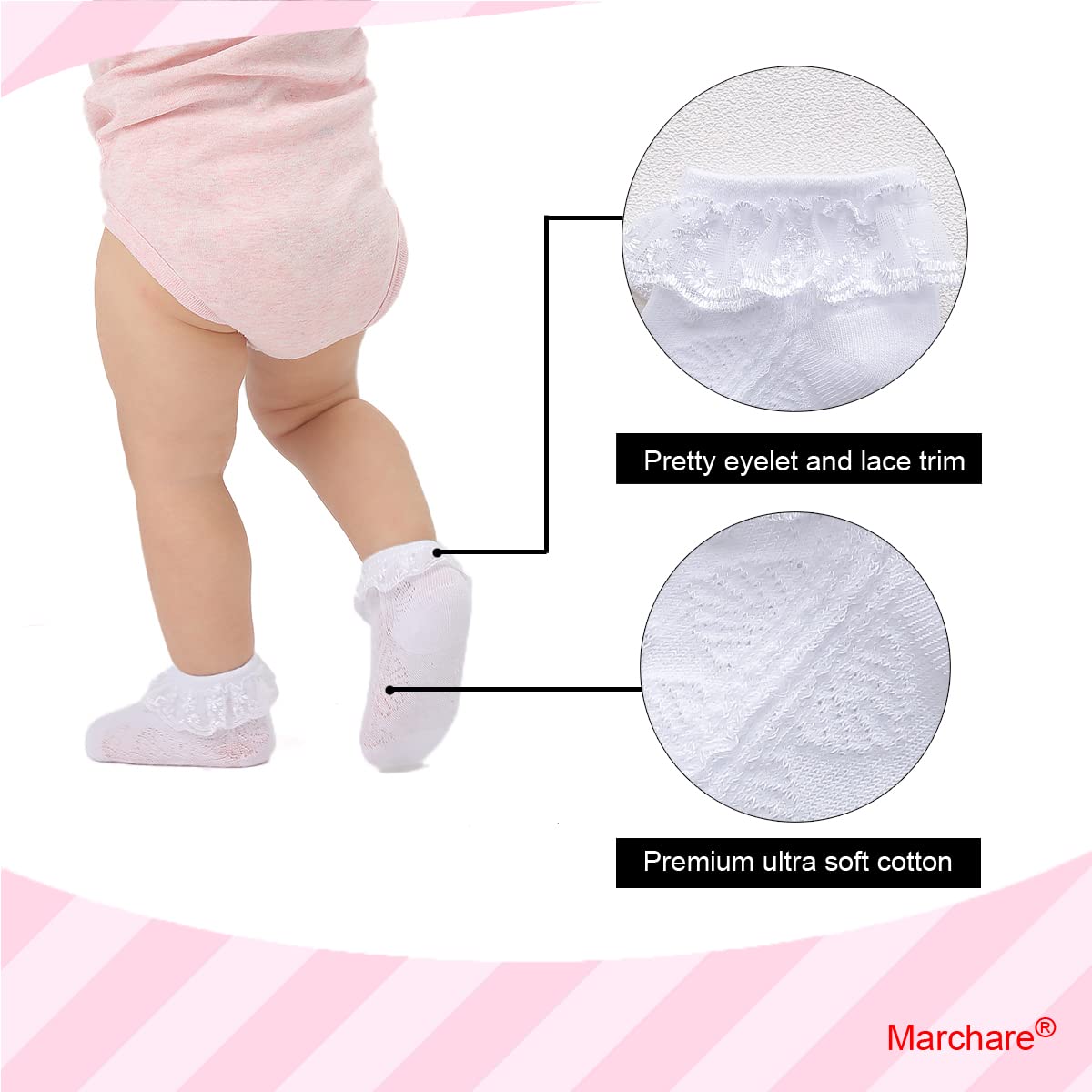 Marchare Baby Lace Socks 3 Pack Infant Baby Girls' Ruffle Frilly Socks Eyelet Princess Cotton Socks,White 6-12 Months
