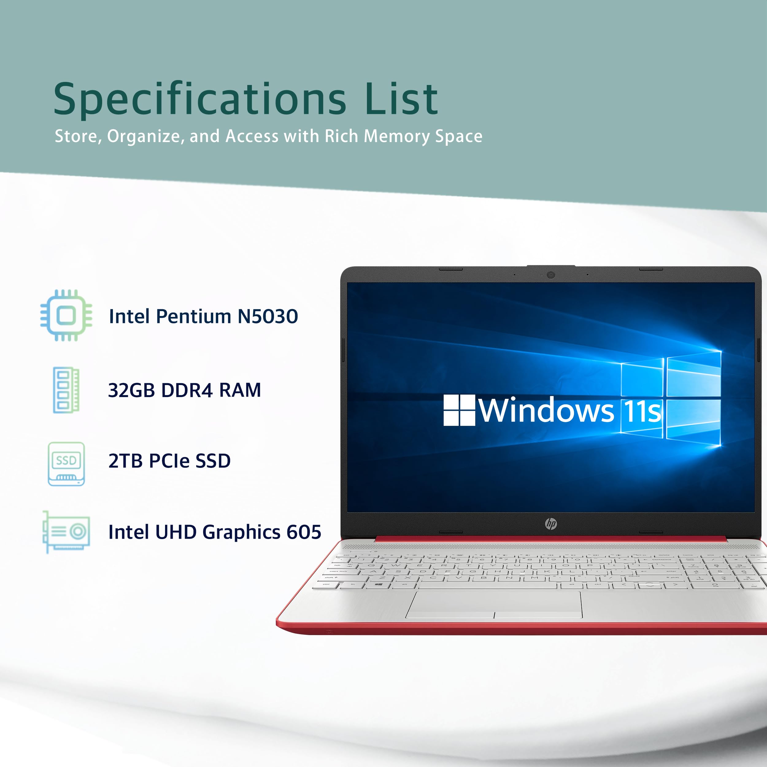 HP 15.6” HD Student Laptop, Intel Pentium Silver N5030, 32GB RAM, 2TB PCIe SSD, Intel UHD Graphics, HD Webcam, Numpad, Wi-Fi 5, Bluetooth, Win 10 S, Red, 32GB Snowbell USB Card