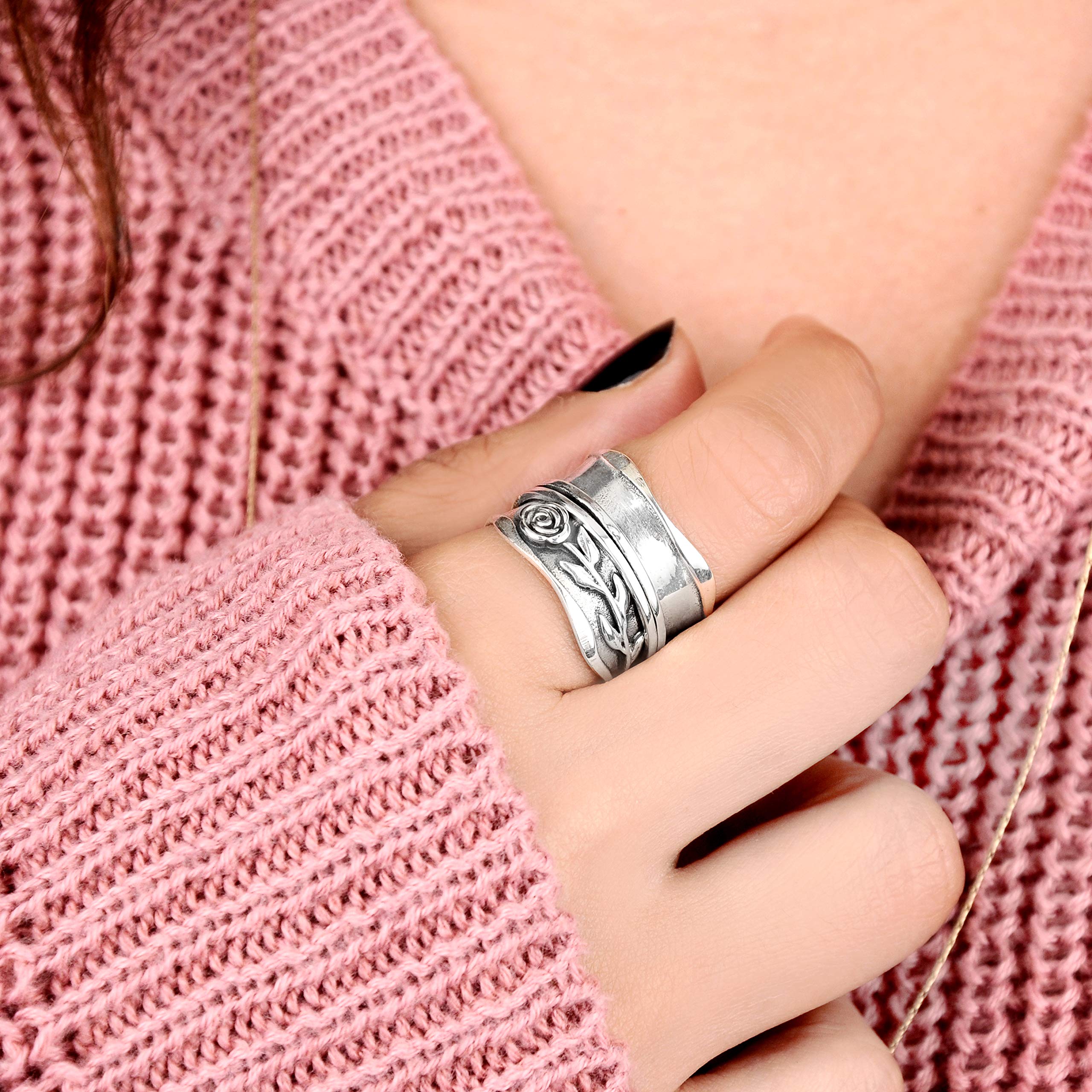 Boho-Magic 925 Sterling Silver Spinner Ring for Women Rose Flower Fidget Anxiety Relief Wide Band (6)