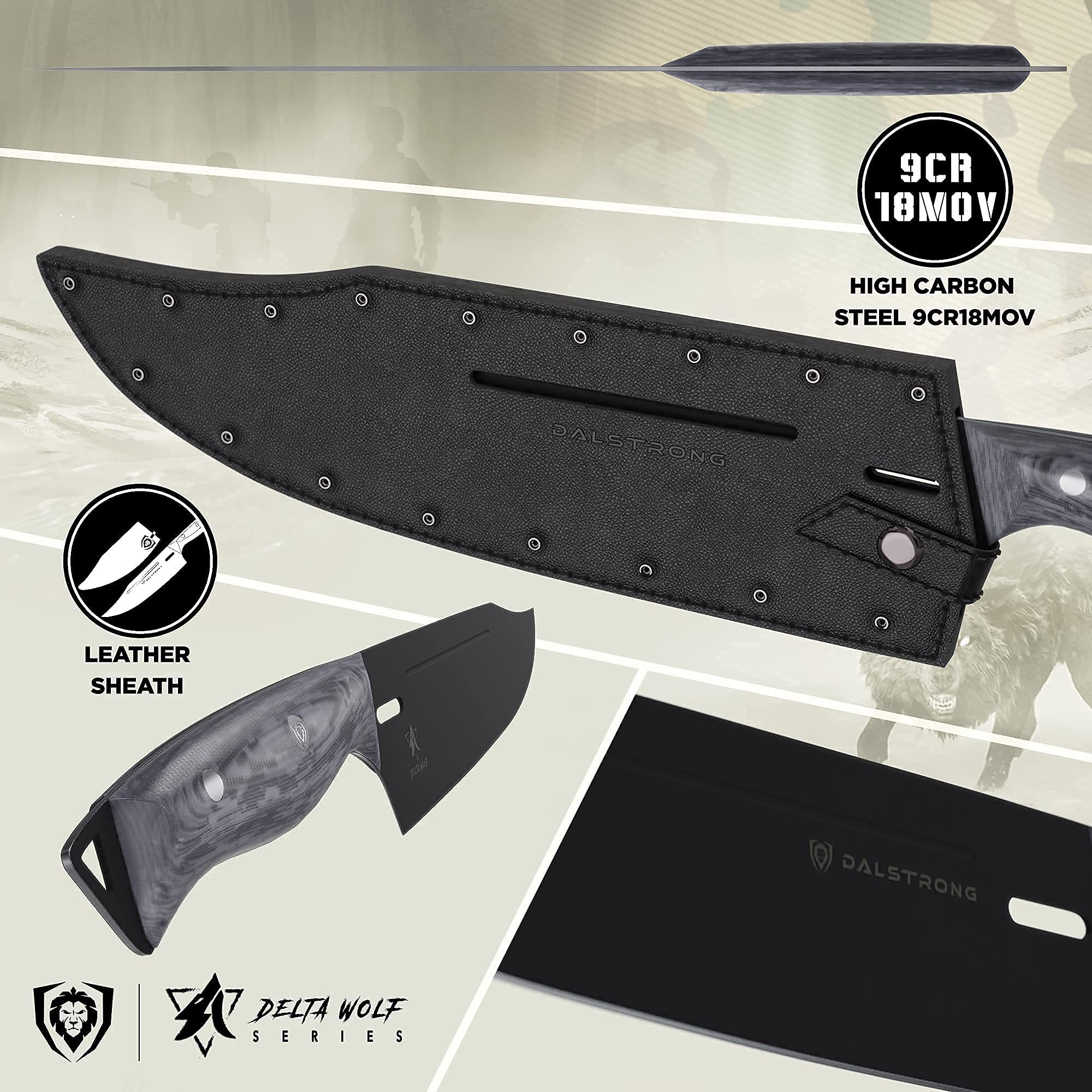 DALSTRONG Delta Wolf Series Chef Knife 10" Bundled with Delta Wolf Series Slicing & Carving Knife 12" with PU Leather Sheath - Black Titanium Nitride Coating - G10 Camo Handle