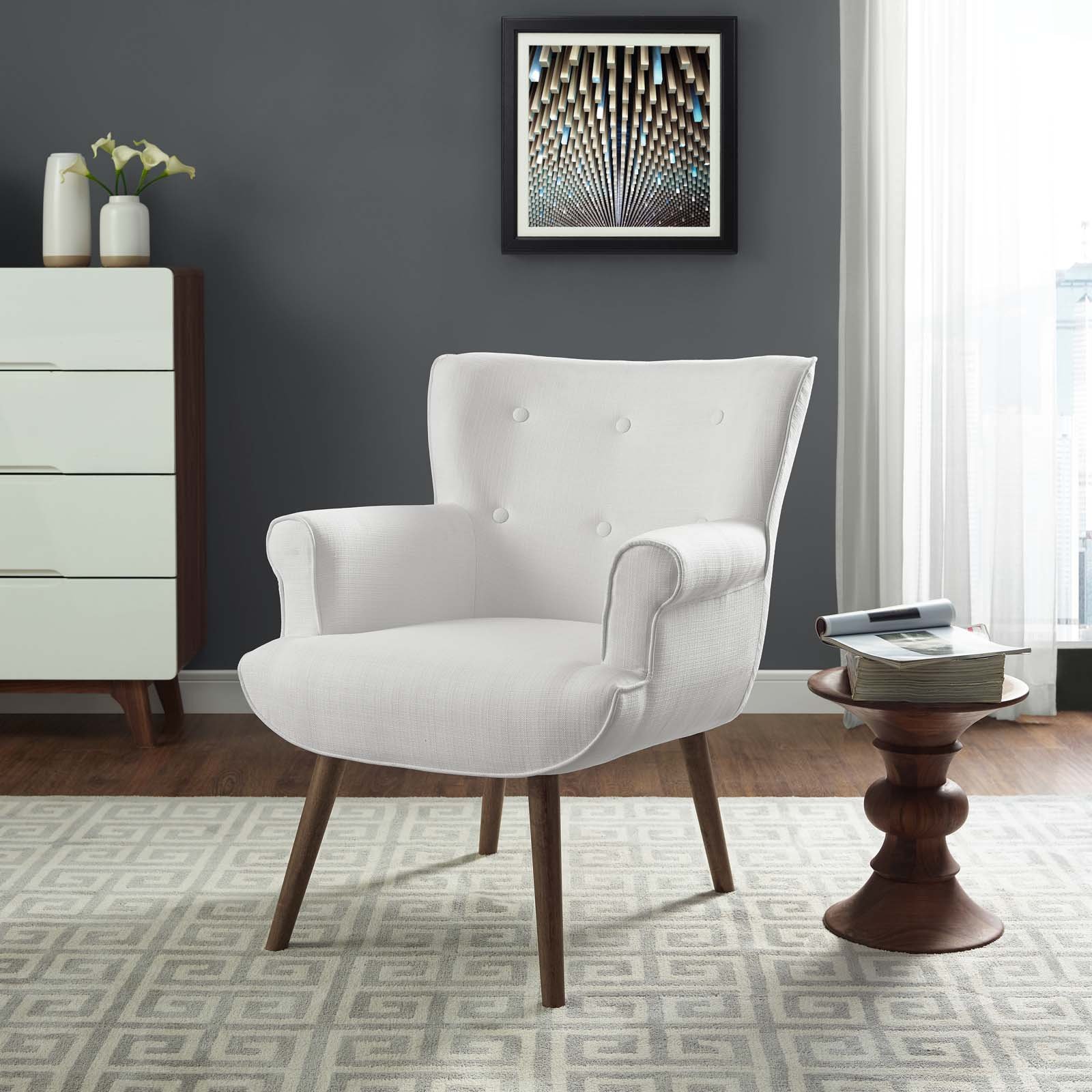 Modway Cloud Mid-Century Modern Upholstered Fabric Accent Arm Chair in White