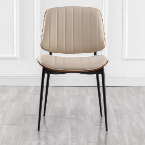 LUNLING Dining Chairs Set of 2 Mid Century Modern Retro Faux Leather Chair with Walnut Bentwood Upholstered Seat Metal Legs Adjustable Foot for Kitchen Dining Room Chairs(Beige)