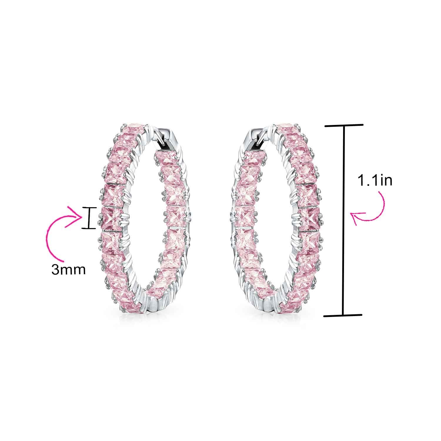 Bridal Square Simulated Pink Tourmaline Cubic Zirconia Brilliant Princess Cut AAA CZ Inside Out Statement Hoop Earrings For Women Prom Silver Plated 1.25 Diameter