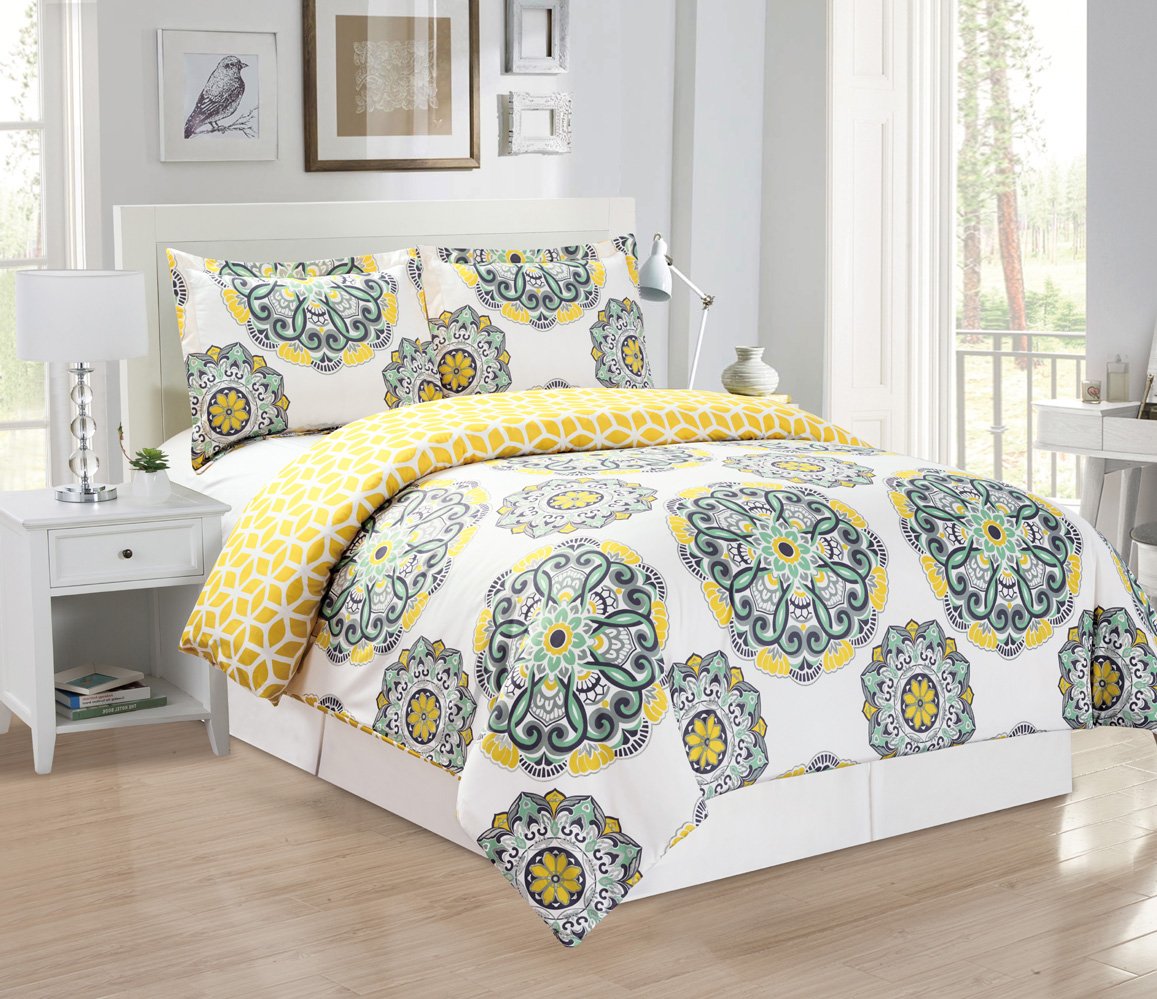 Grand Linen 3-Piece Fine Printed Queen Size Duvet Cover Set Double Brushed Microfiber - All Season Luxury Soft, Reversible and Durable (Black, White, Yellow, Grey)