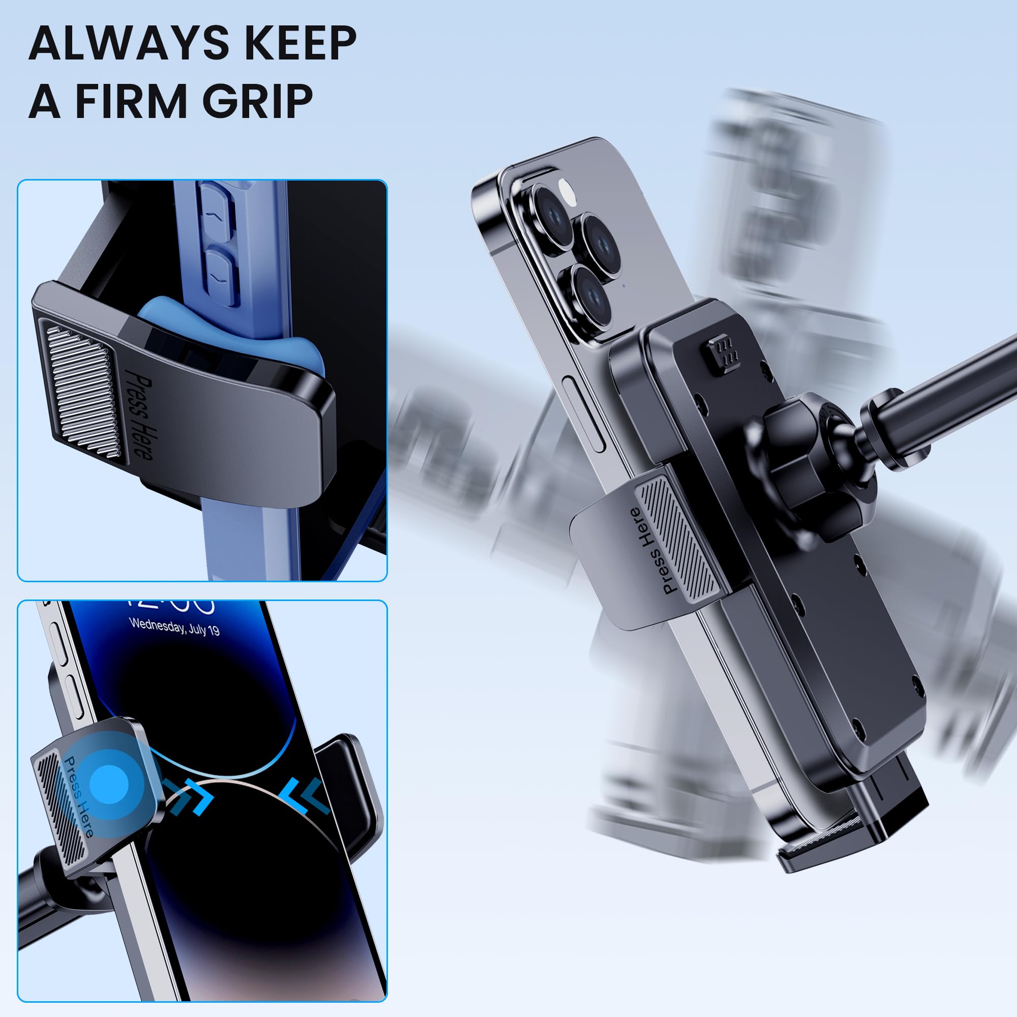 BIVGAZA Universal Car Phone Mount with Super Strong Suction Cup, Thick Case Friendly, Adjustable Telescopic Arm, Compatible with All Smartphones