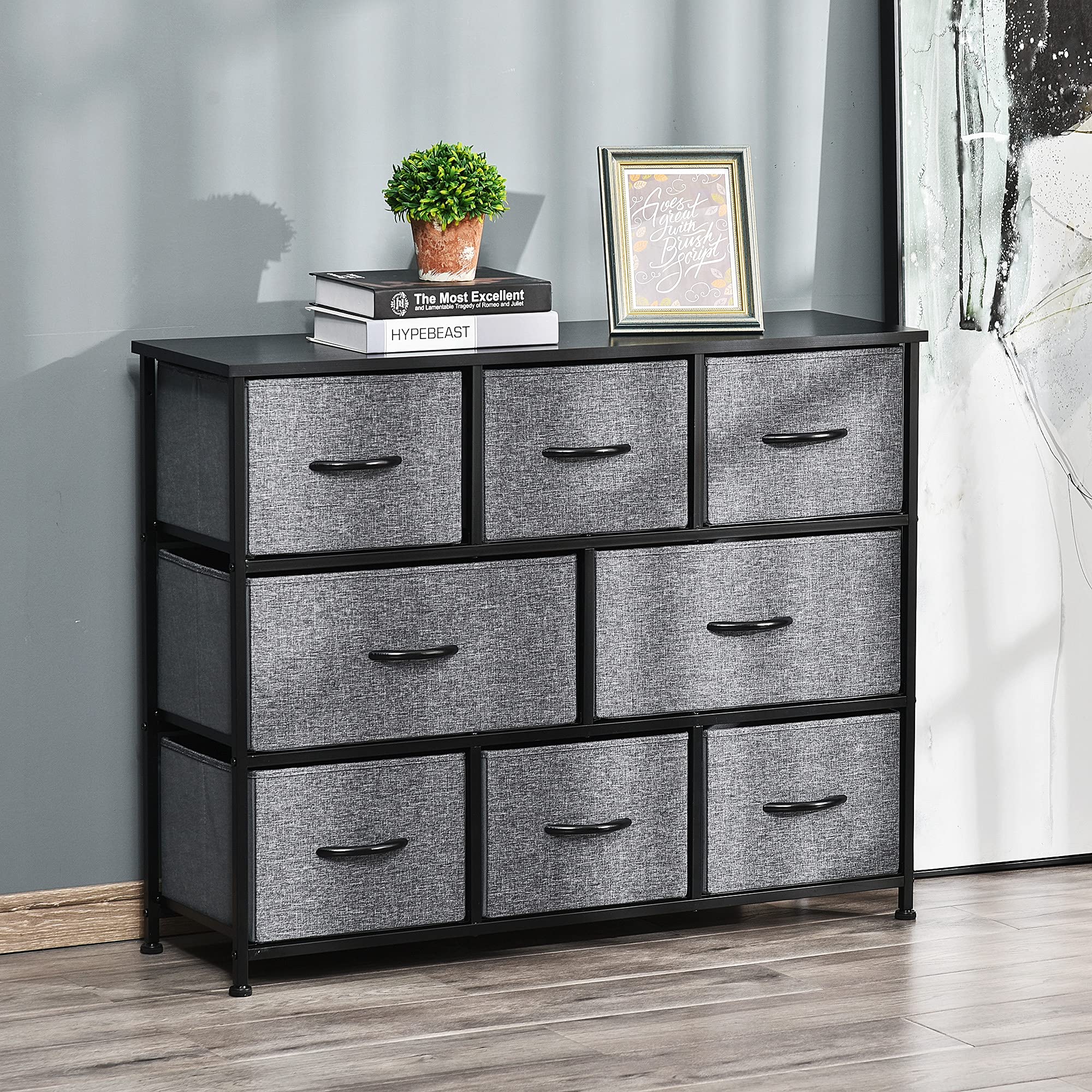 HOMCOM 8-Drawer Dresser, 3-Tier Fabric Chest of Drawers, Storage Tower Organizer Unit with Steel Frame for Bedroom, Hallway, Dark Gray