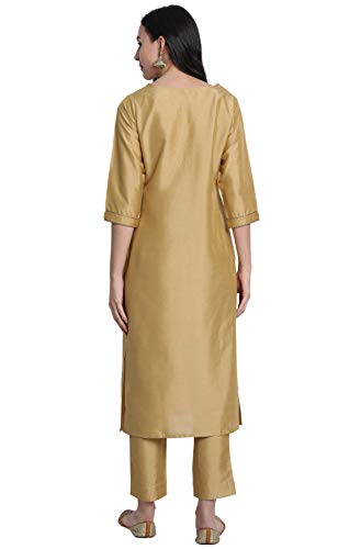 Janasya Gold Gota Patti Poly Silk Straight Kurta Set With Dupatta