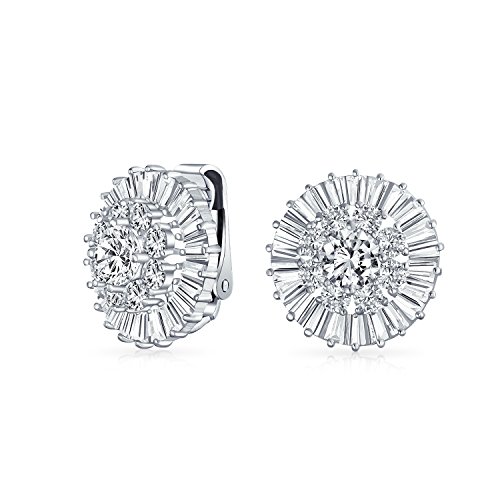 Bridal Wedding CZ Pave Round Cubic Zirconia Clip On Earrings For Women Non Pierced Ears Silver Plated Brass