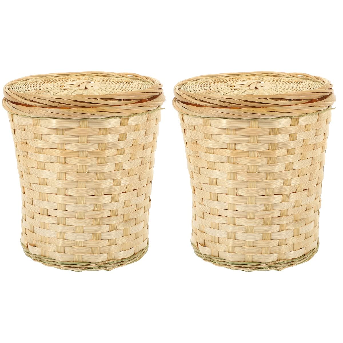 Hemoton 2pcs Small Woven Basket with Lid Rattan Trash Can Wastebasket Wicker Round Trash Bin Woven Storage Basket Decorative Egg Basket Laundry Hamper Flower Pots Planter Holder
