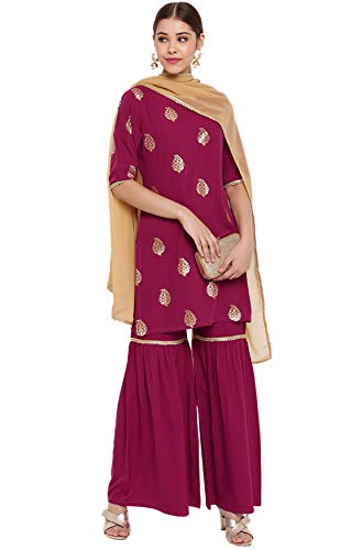 Janasya Indian Women's Magenta Poly Crepe Kurti With Sharara And Dupatta(SET250-KR-SHA-M)
