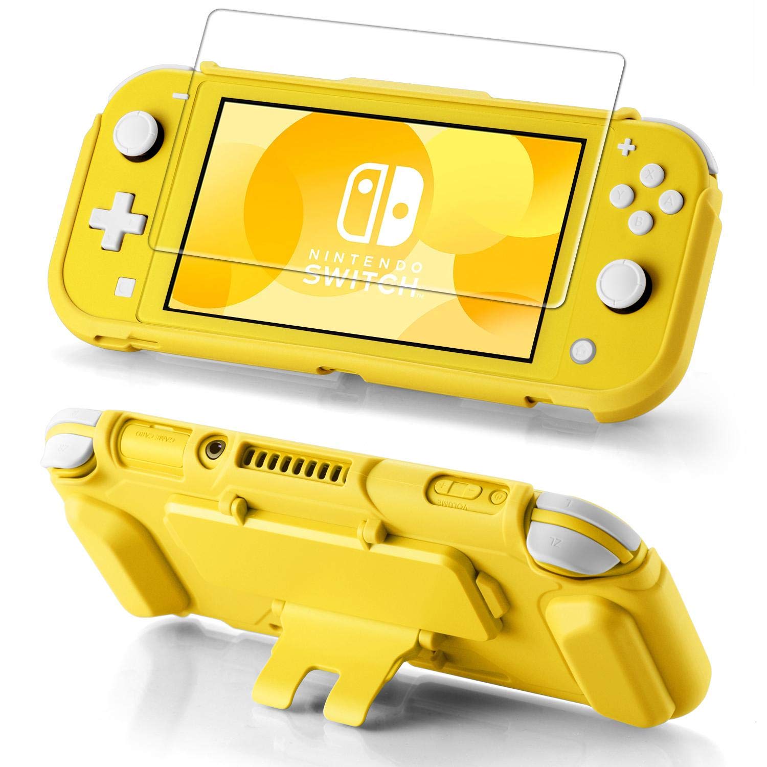Protective Case Bundle for Nintendo Switch Lite, Tempered Glass Screen Protector, 4 Game Card Slots, Kick-Stand, Ergonomics Hand Grip, Shockproof, Anti-Scratch for Nintendo Switch Lite Case Yellow