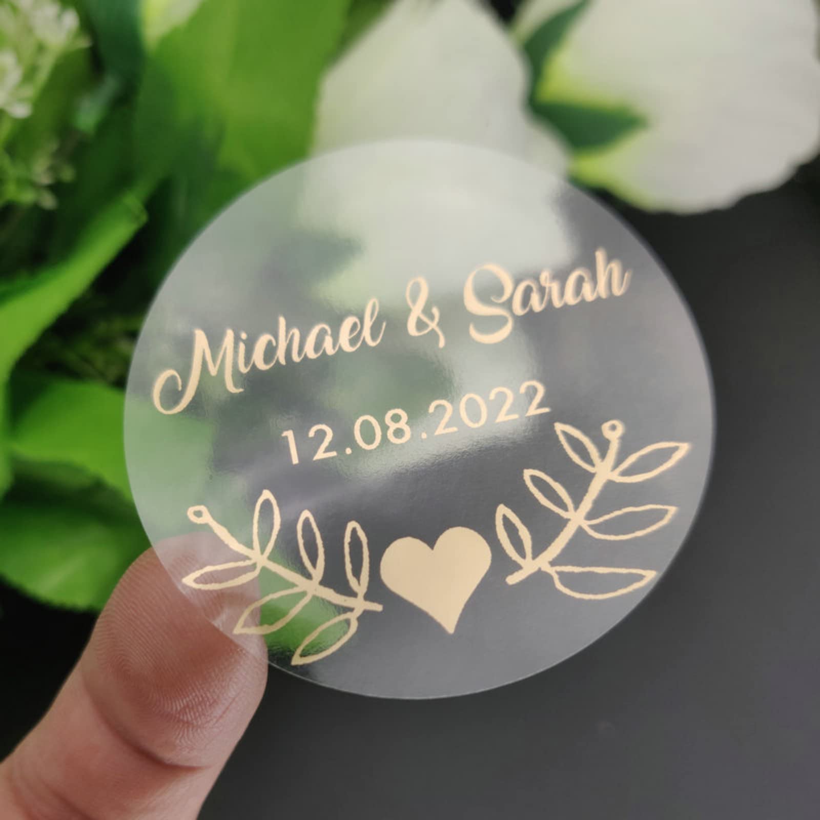 Clear Wedding Favor Stickers, Transparent Label Stickers, Gold Foil Wedding Favors, Bridal Party, Custom Clear and White Stickers, Rose Gold (C)
