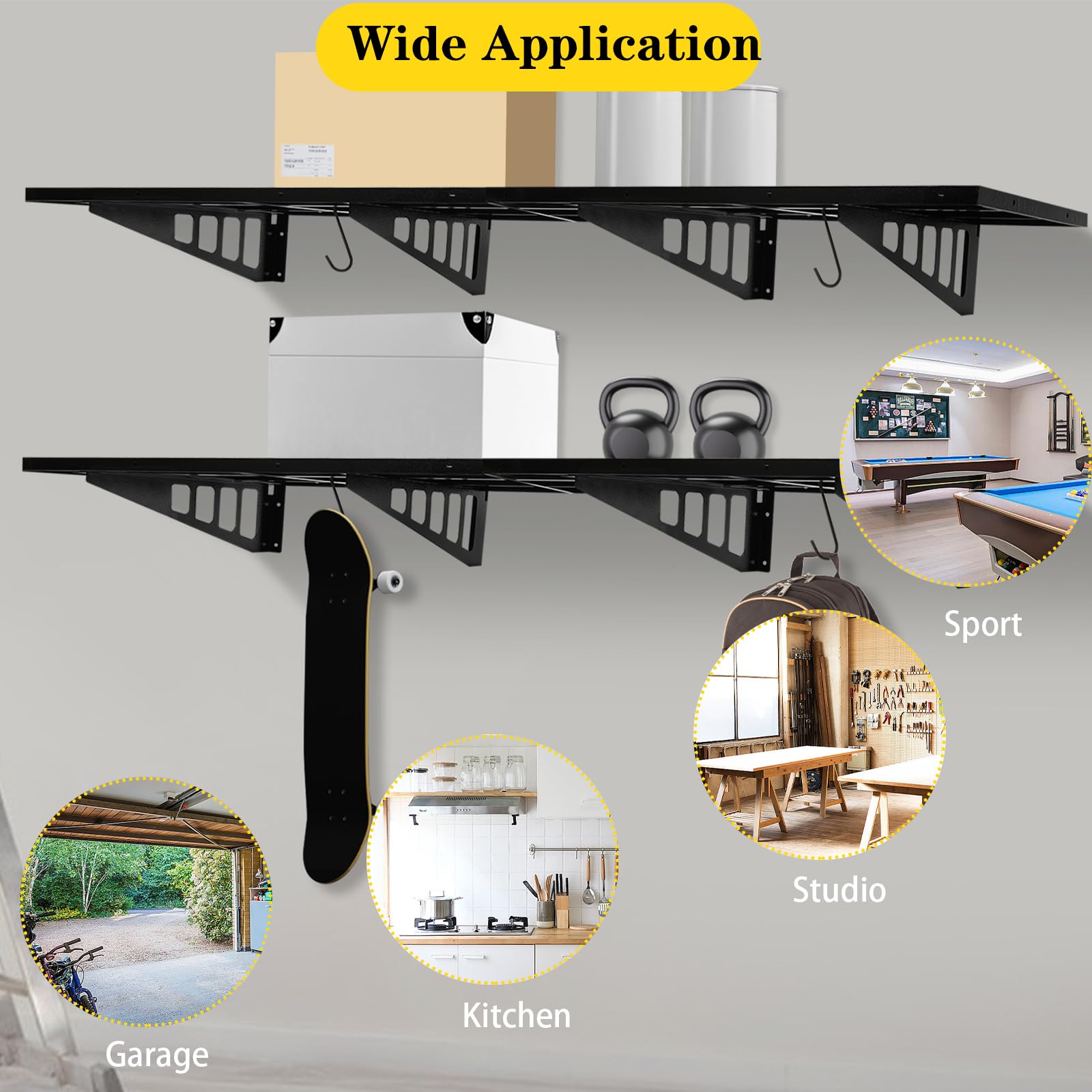 Garage Shelving Wall Mounted, 2-PACK 2x6FT Garage Shelving, 72βx 24βGarage Shelving Wall Mount Organizer, 560 lbs Load Capacity Garage Storage Rack Floating Shelves, with 4 Hooks, 1 Sets, Black