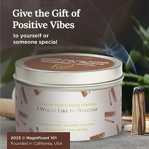Magnificent 101 Palo Santo Smudge Candle for Home Energy Cleansing and Aromatherapy β 6 oz Natural Soy Wax Tin β 24-Hour Burn Time - Banishes Negative Energy, Chakra Healing, and Manifestation