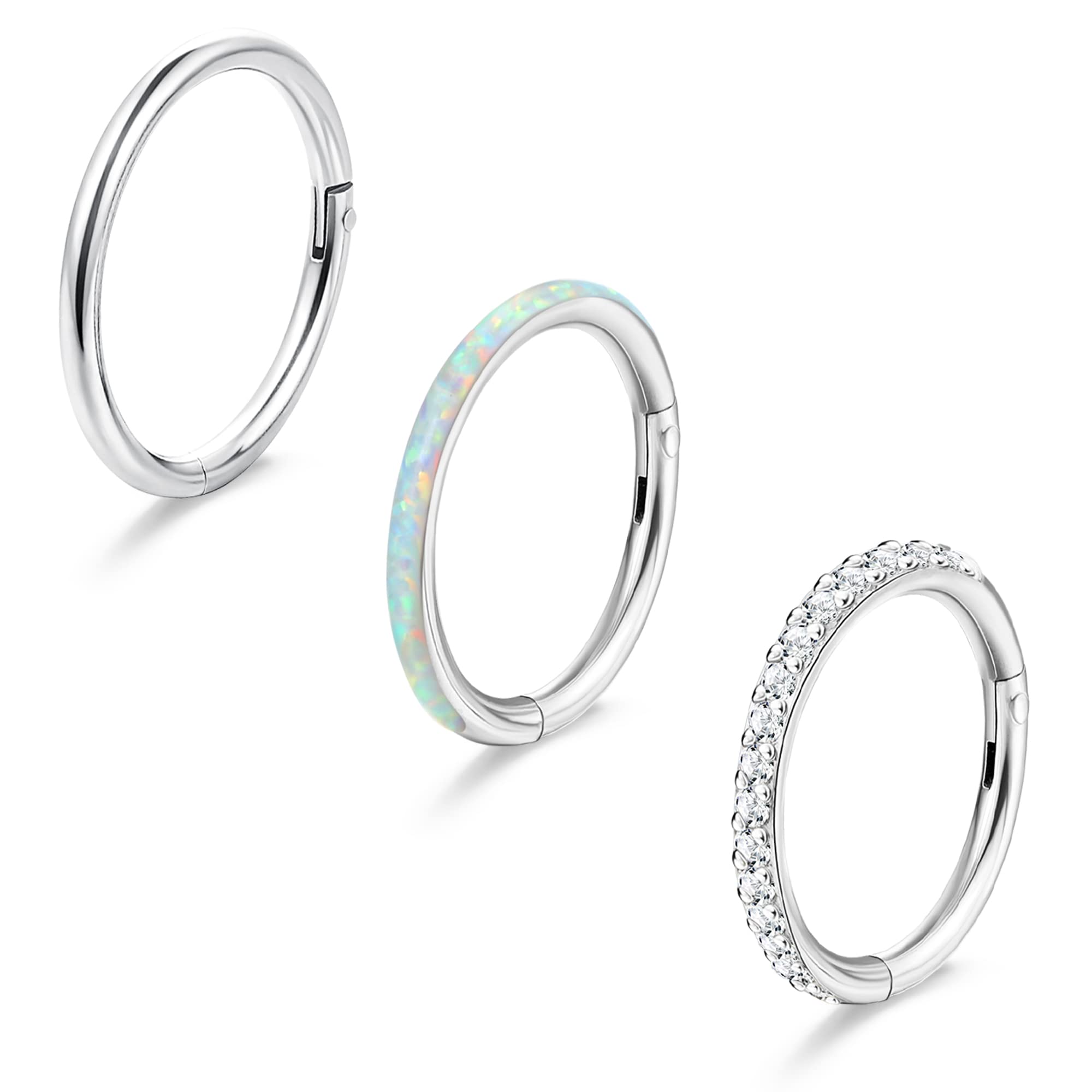 CASSIECA 18G 16G Titanium Nose Ring Hoops for Women CZ Opal Clicker Hinged Segment Septum Lip Nose Rings Helix Cartilage Conch Daith Rook Piercing Jewelry 8mm 10mm