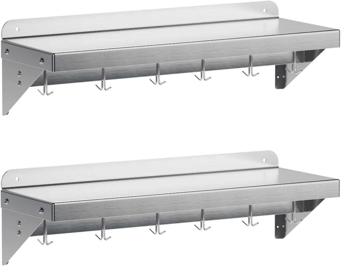 Garvee 2 Pack 12" x 36" Stainless Steel Wall Mount Shelf NSF Certified with 6 Hooks Metal Multifunctional Storage Rack with Backplash for Hanging Pots, Pans,cookware in Home and