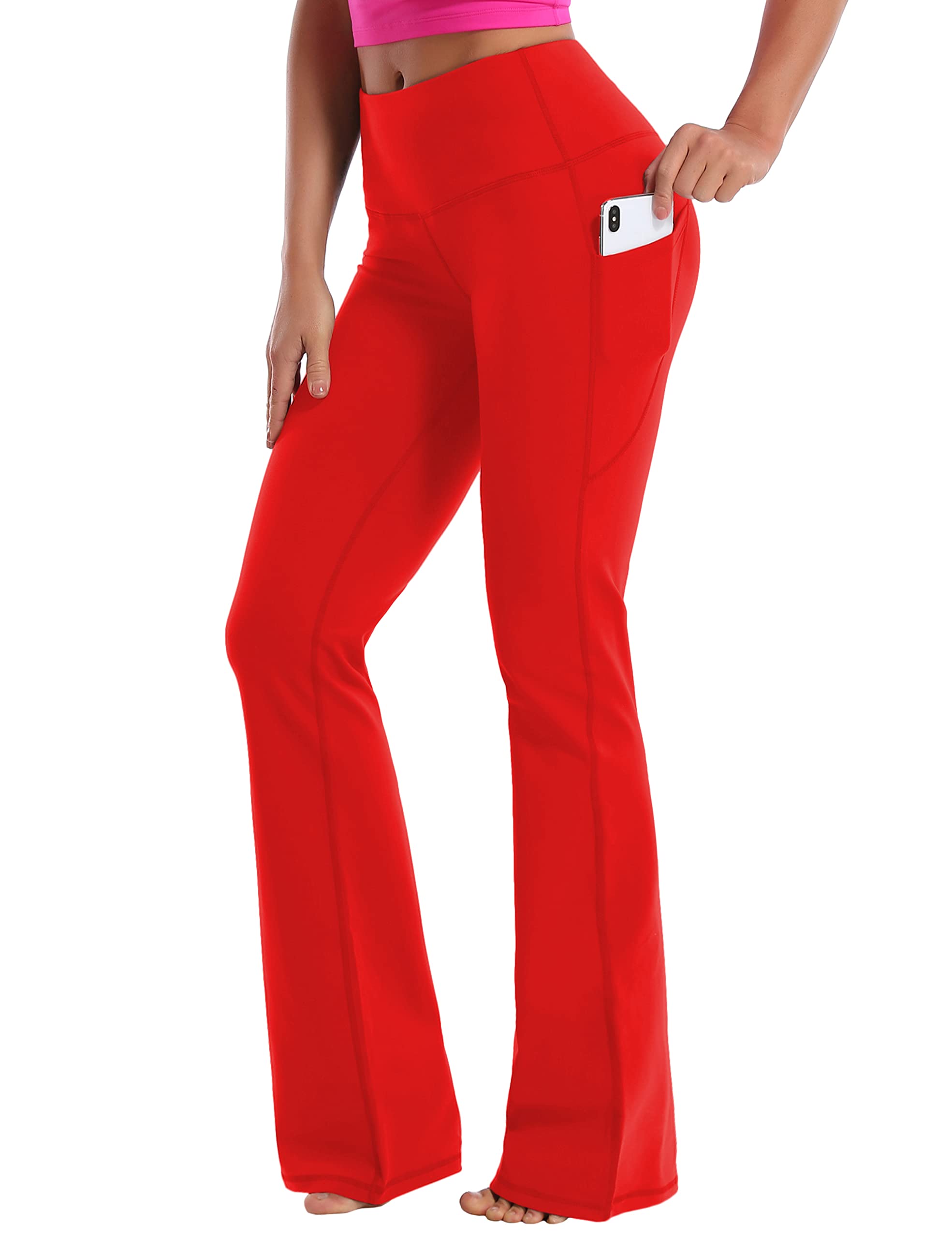 BUBBLELIME 29"/31"/33"/35" 4 Styles Women's Bootcut Yoga Pants Tummy Control - Side Pockets_Scarlet L_29" Inseam