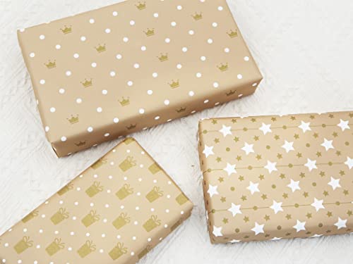 Elegant Gift Birthday Princess Wrapping Paper For Mom Dad Boys Girls Friends, 20x28" Per Sheet(6 sheets:23 sq.ft.ttl.) in 3 Designs Include Classic Patterns Like Polka Dots Crown Gift Package Stars For Wedding Bridal Shower Engagements Birthday Christmas