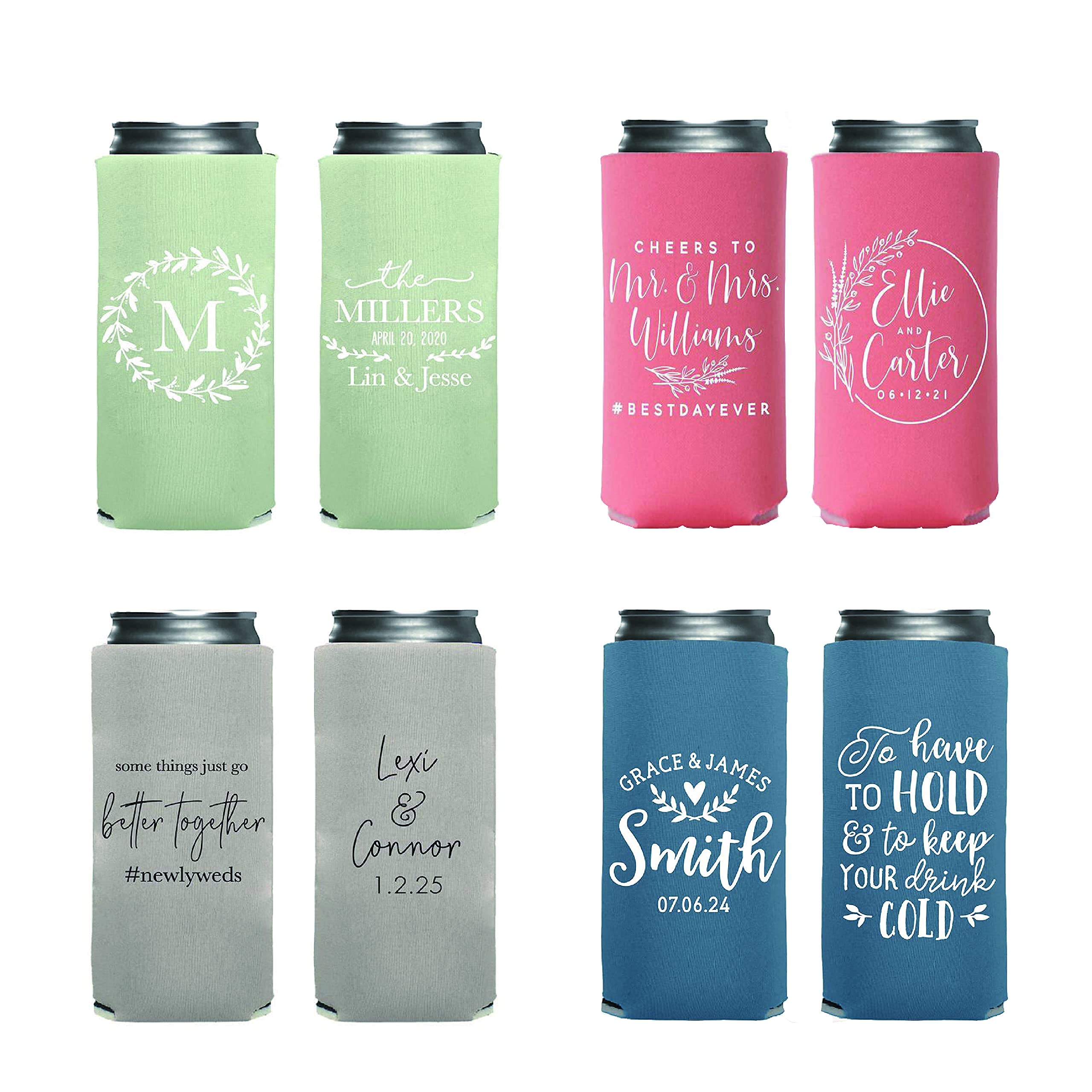 Customized Slim 12oz Wedding Can Coolers, Personalized Wedding Favors, bachelorette party favors Monogram Can Holders (Custom β Assorted, 100 Slim Can Cooler)